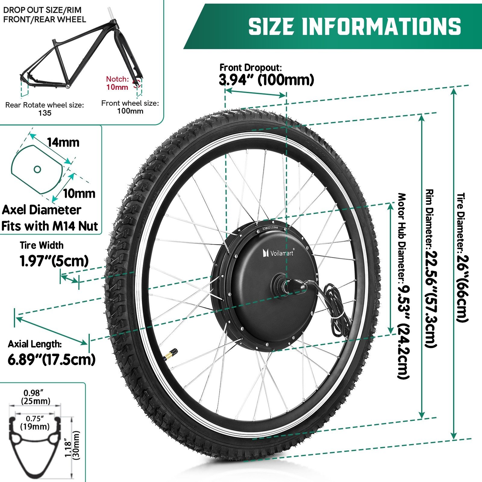 Voilamart 26IN Ebike 48V 1500W Front 100mm Hub Hall Motor Wheel ...