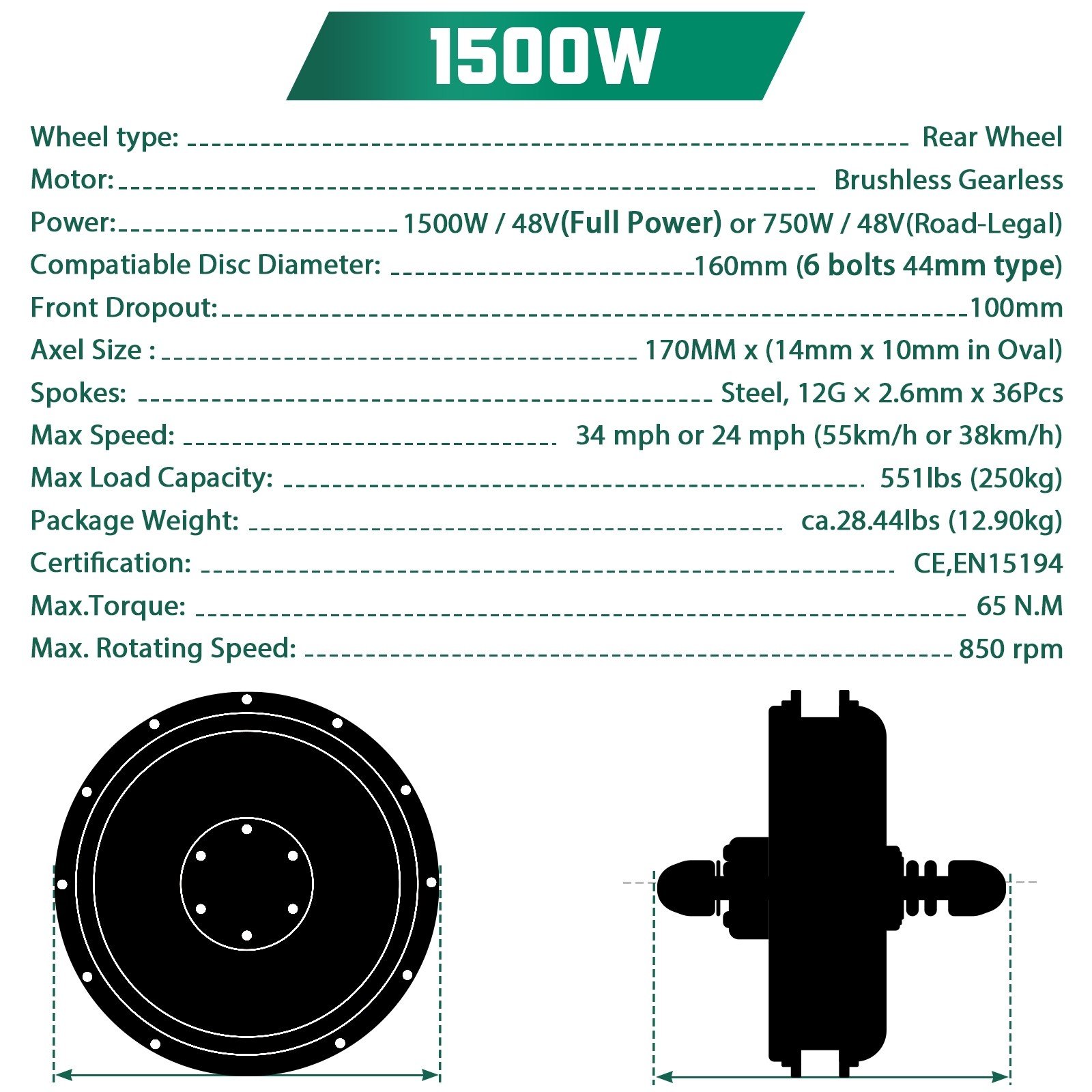 Voilamart 26IN Ebike 48V 1500W Front 100mm Hub Hall Motor Wheel ...